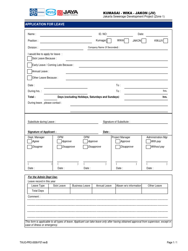 KWJJV-PRO-0008-F07 Application For Leave xER | PDF | Leave Of Absence ...