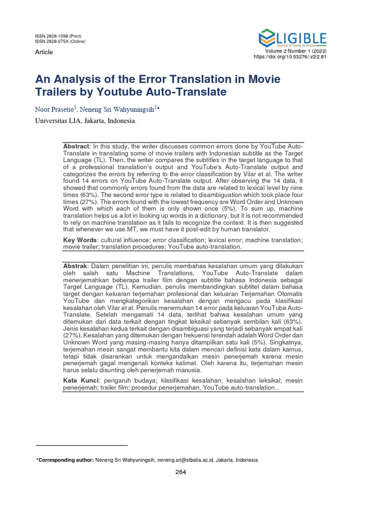 An Analysis of The Error Translation in Movie Trailers by Youtube Auto-Translate | PDF ...