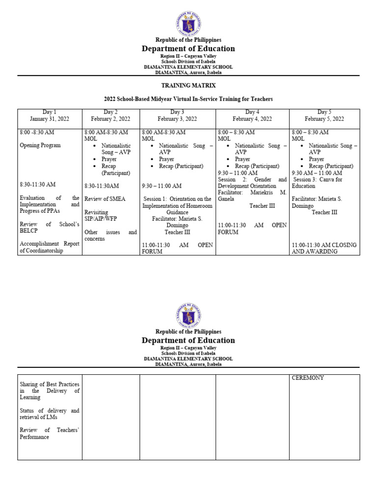TRAINING-MATRIX-midyear Inset | PDF