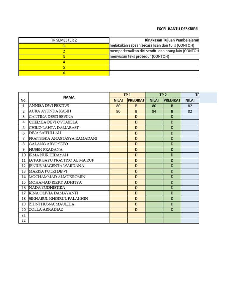 Excel Bantu Deskripsi TP Erapor Semester 2 Kls 7 20232024 | PDF