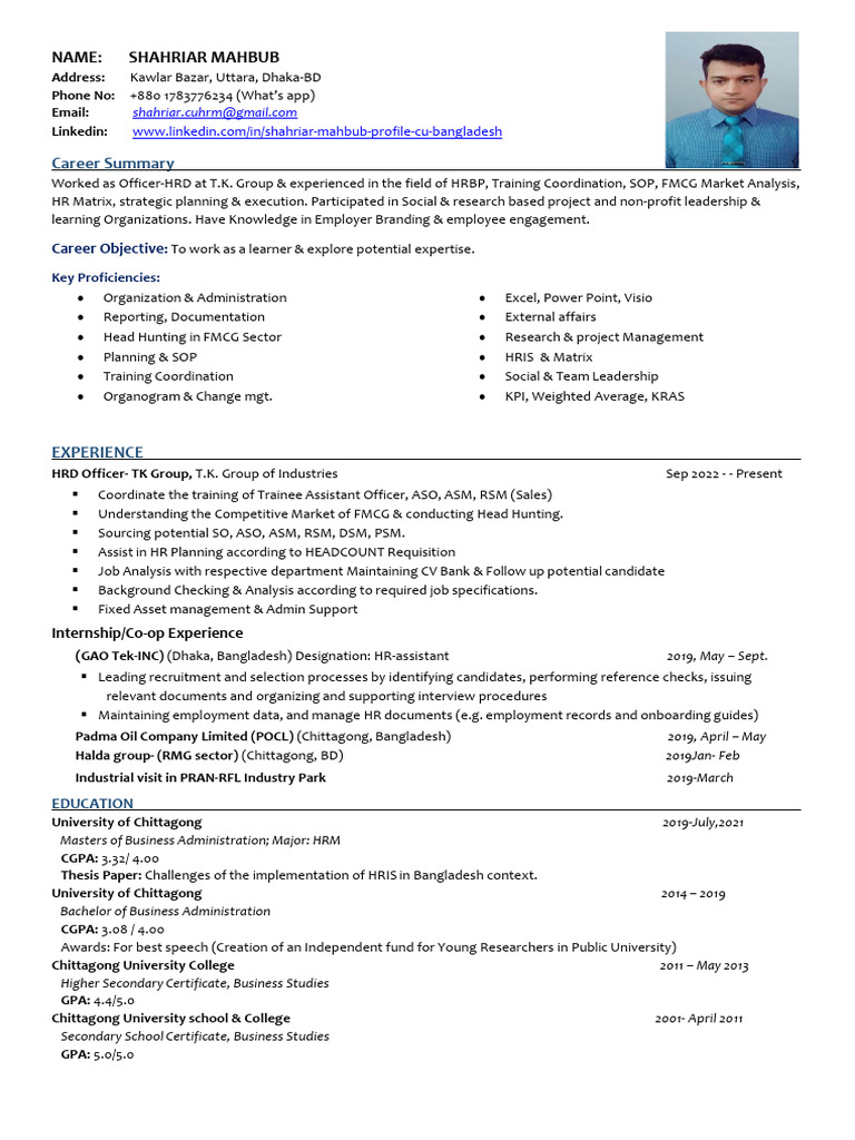 CV of SHAHRIAR MAHBUB, Officer-HRD, T.K. Group, BBA & MBA-HRM, Shahriar ...