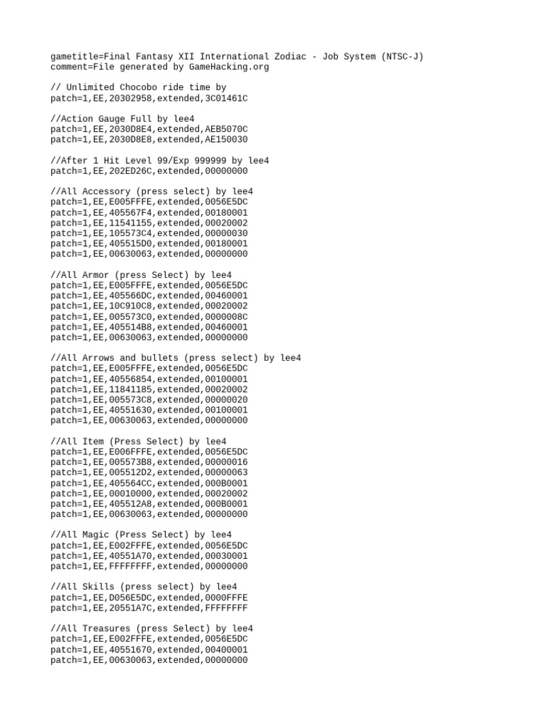 Final Fantasy XII International Zodiac - Job System (NTSC-J) .Pnach ...