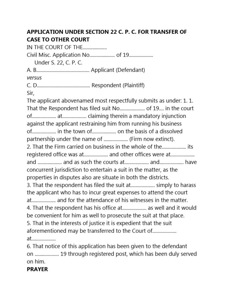 Transfer Application Under Section 22 CPC | PDF