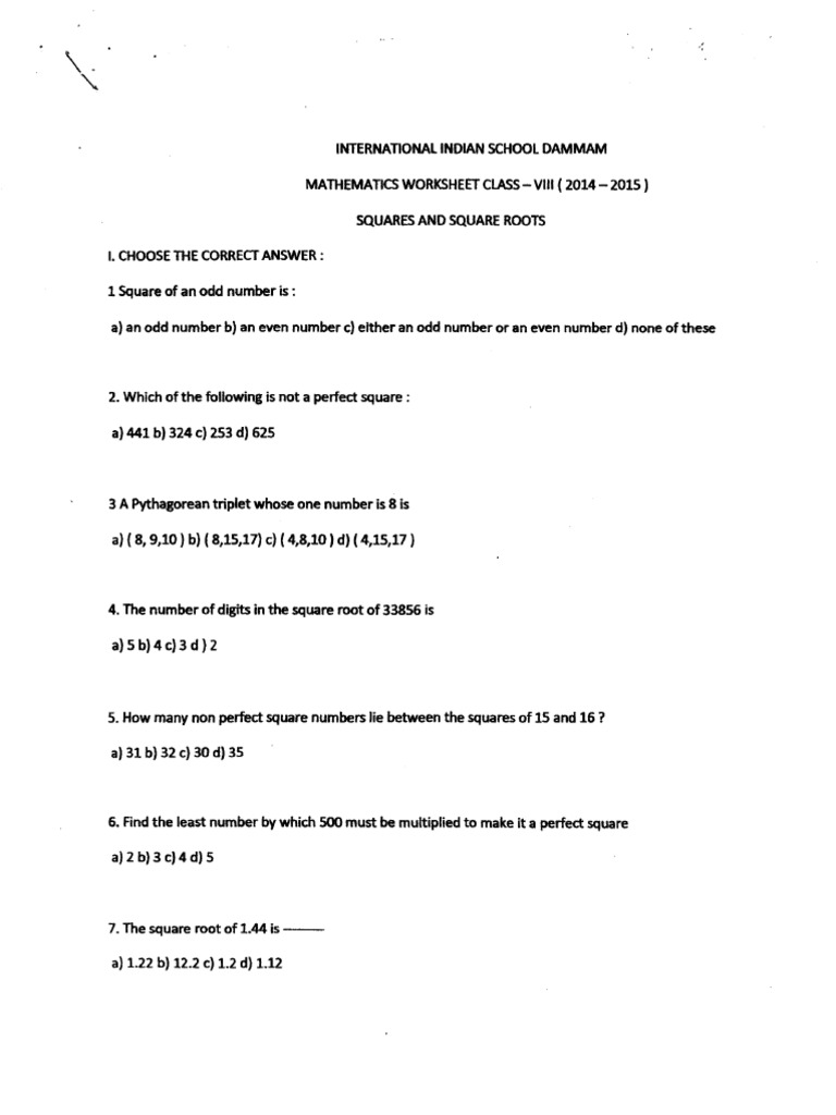 CBSE Class 8 Mathematics Worksheet Square and Square Roots 5 | PDF CBSE Class 8 Mathematics Worksheet Square and Square Roots 5 | PDF