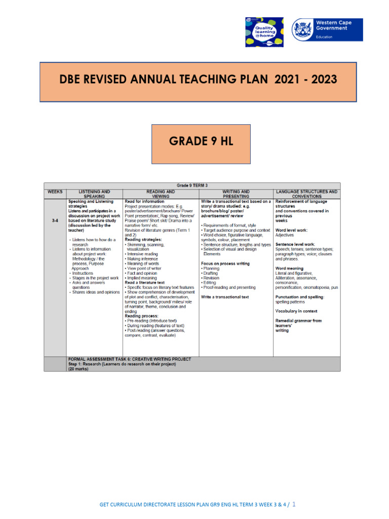 Lesson Plan Gr9 Eng HL T3 W3 & 4 | PDF | Adjective | Lesson Plan
