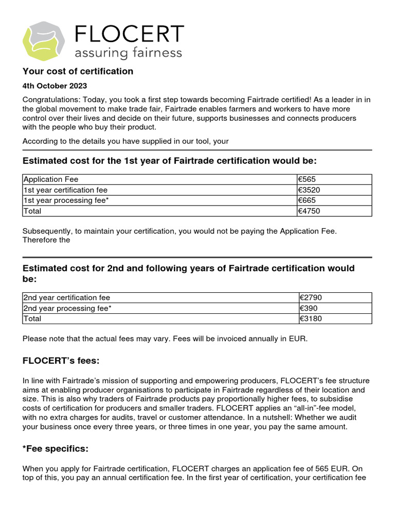 Fairtrade Certification Cost Breakdown | PDF | Fair Trade | Fee