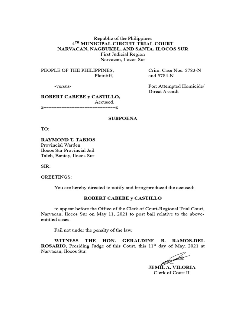 Subpoena for Robert Cabebe Case | PDF