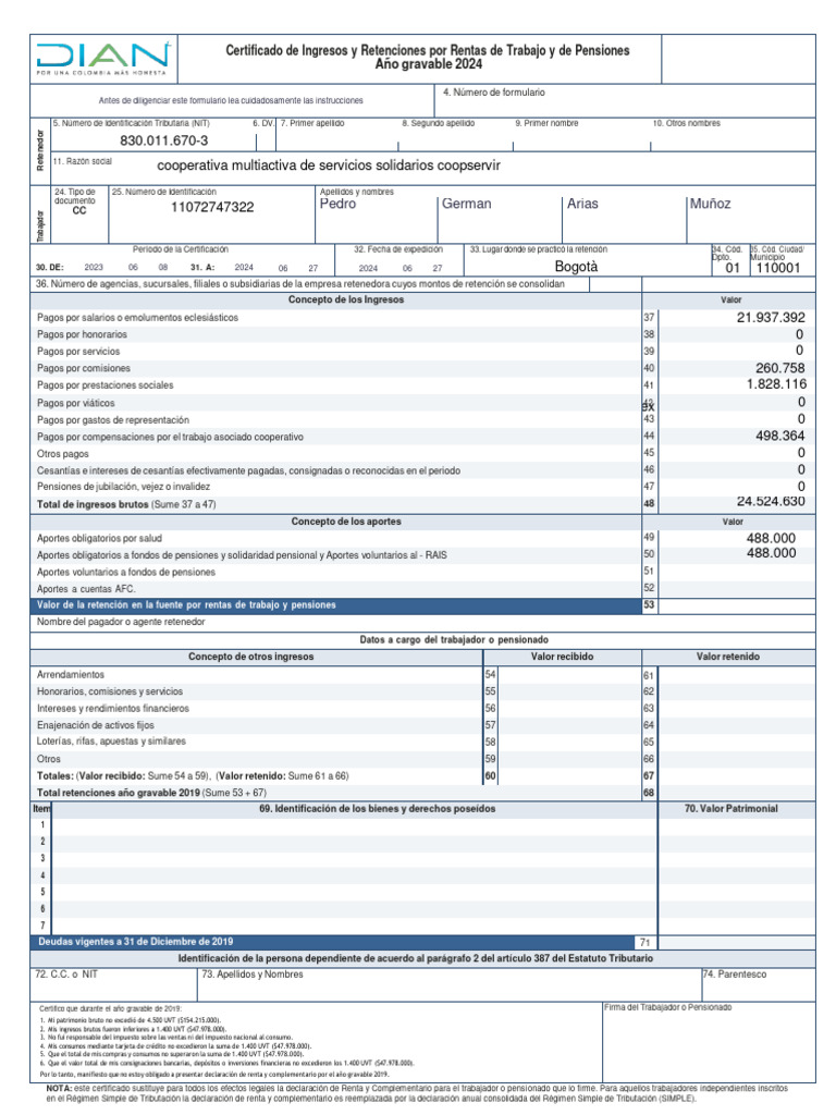 Formato Dian | PDF | Salario | Documento de identidad