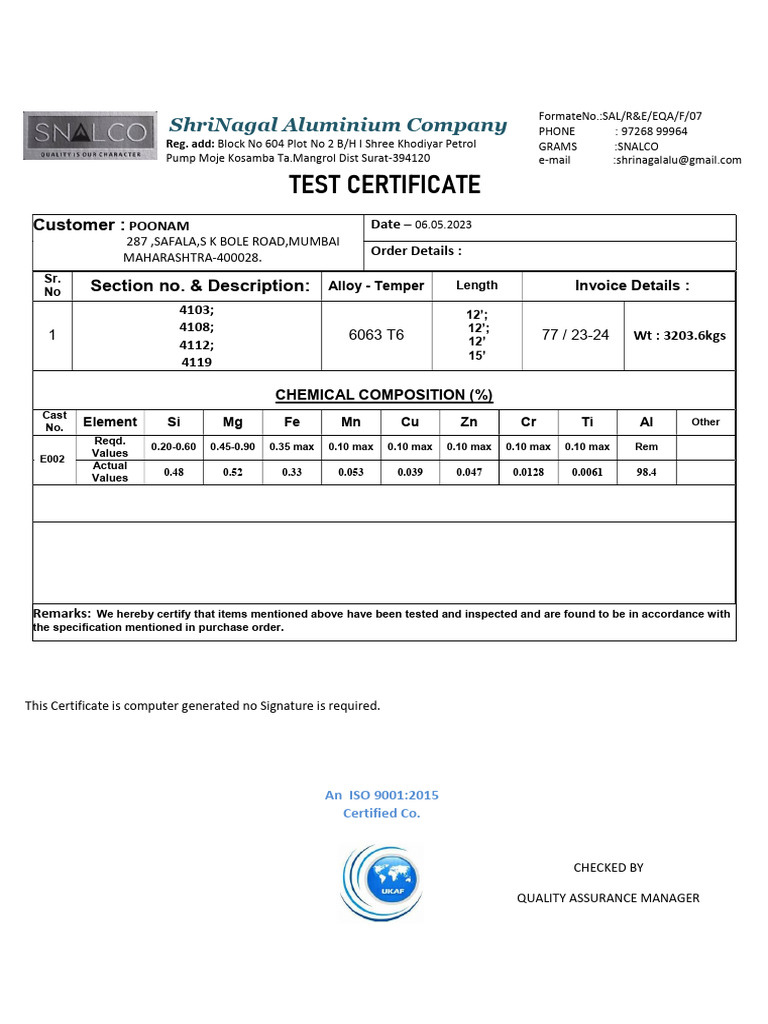 Test Report Hindalco | PDF | Metals | Materials