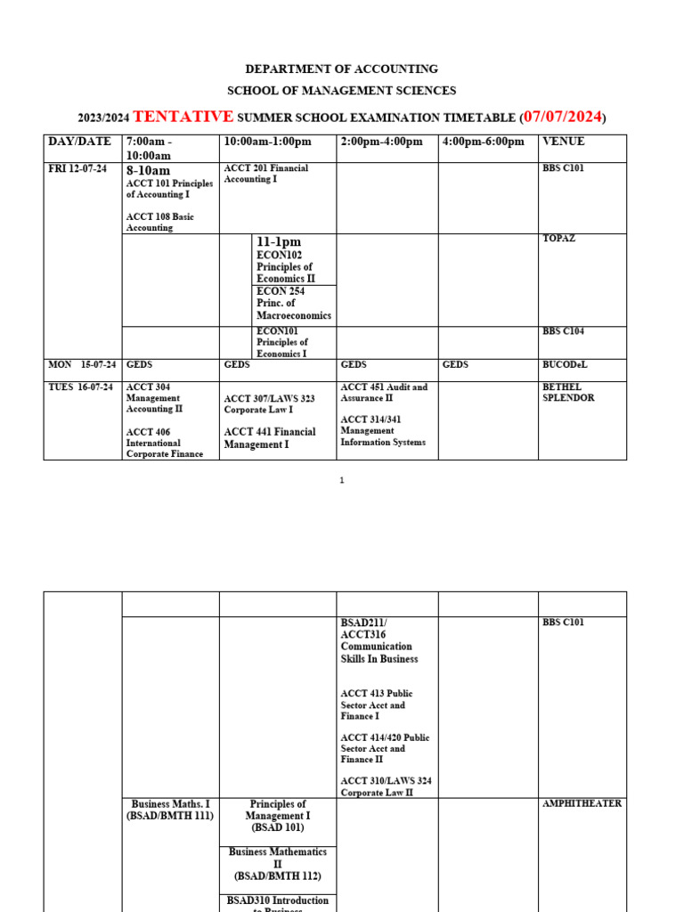 Summer 2023.2024 Tentative Examination Timetable - Department of ...