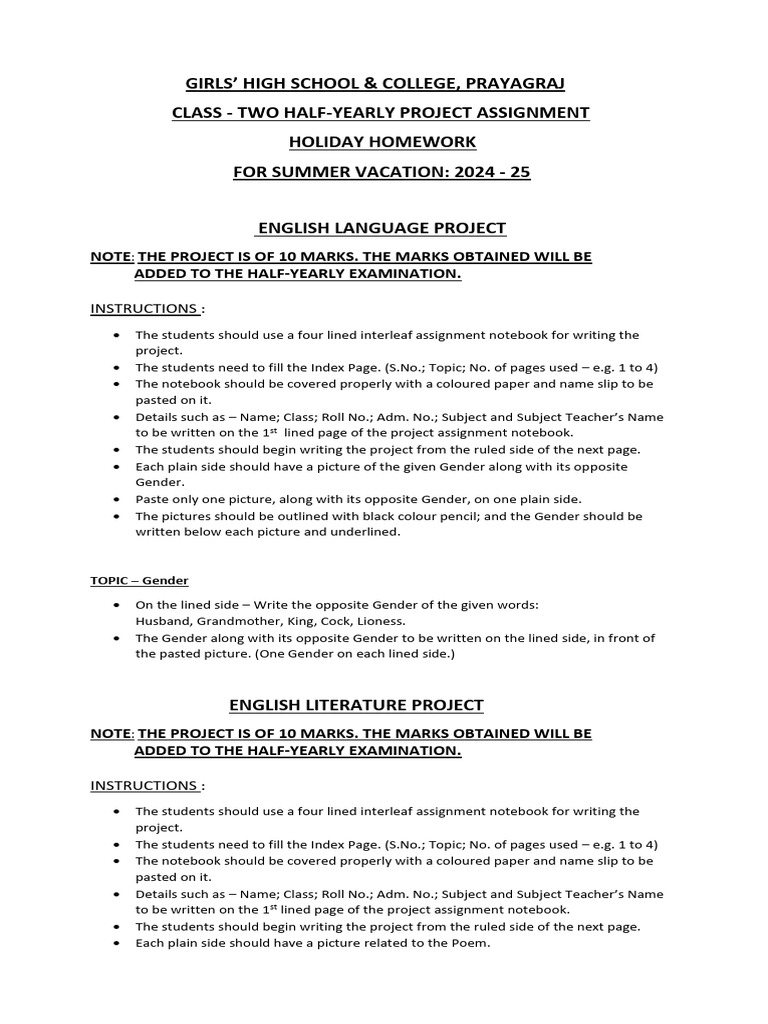 Class 2 Holiday Homework 2024-2025 | PDF | Notebook | Grammatical Gender