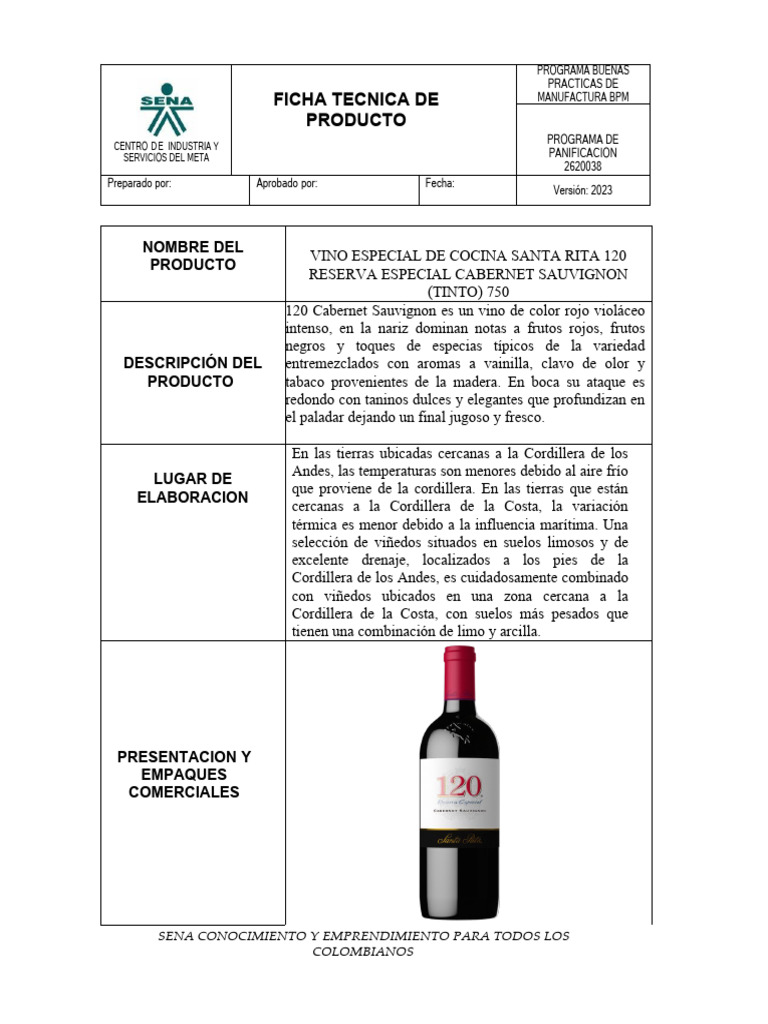 Ficha Tecnica Vino 120 | PDF | Vino | Uva