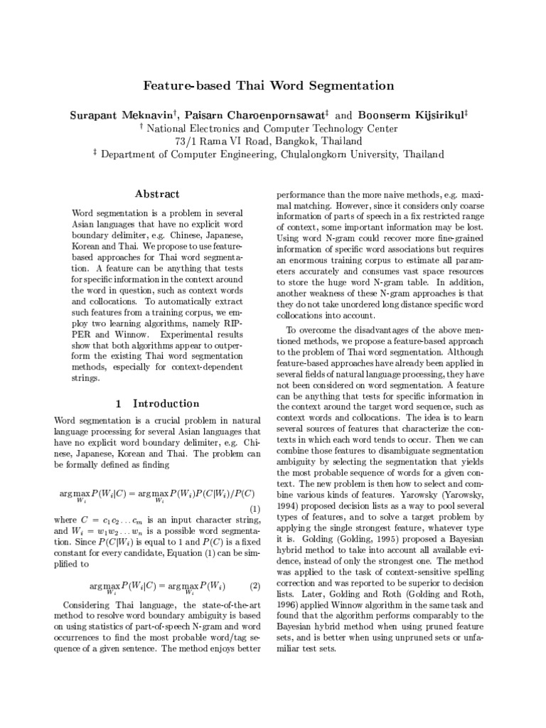 Feature Based Thai Word Segmentation Pdf Latin Script