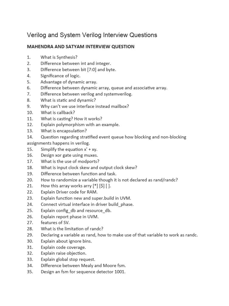 Verilog Sv Interview Questions Pdf Class Computer Programming Computer Science