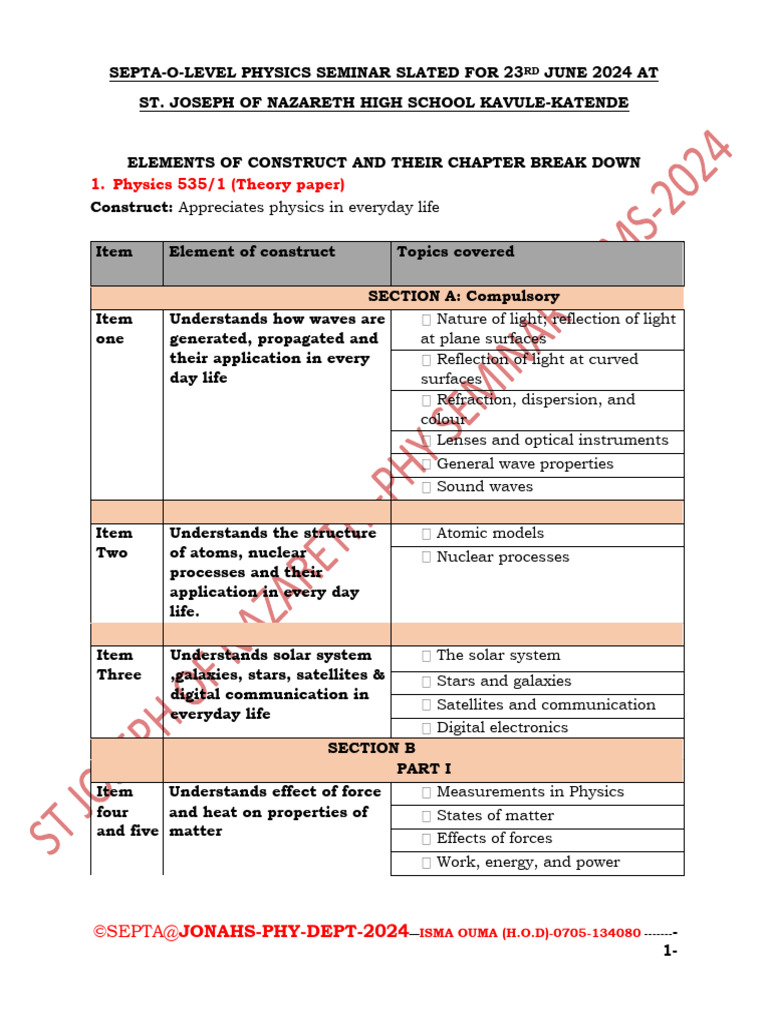 ST JOSEPH OF NAZARETH Physics SEMINAR ITEMS - 2024 | PDF | Radioactive Decay | Radiation