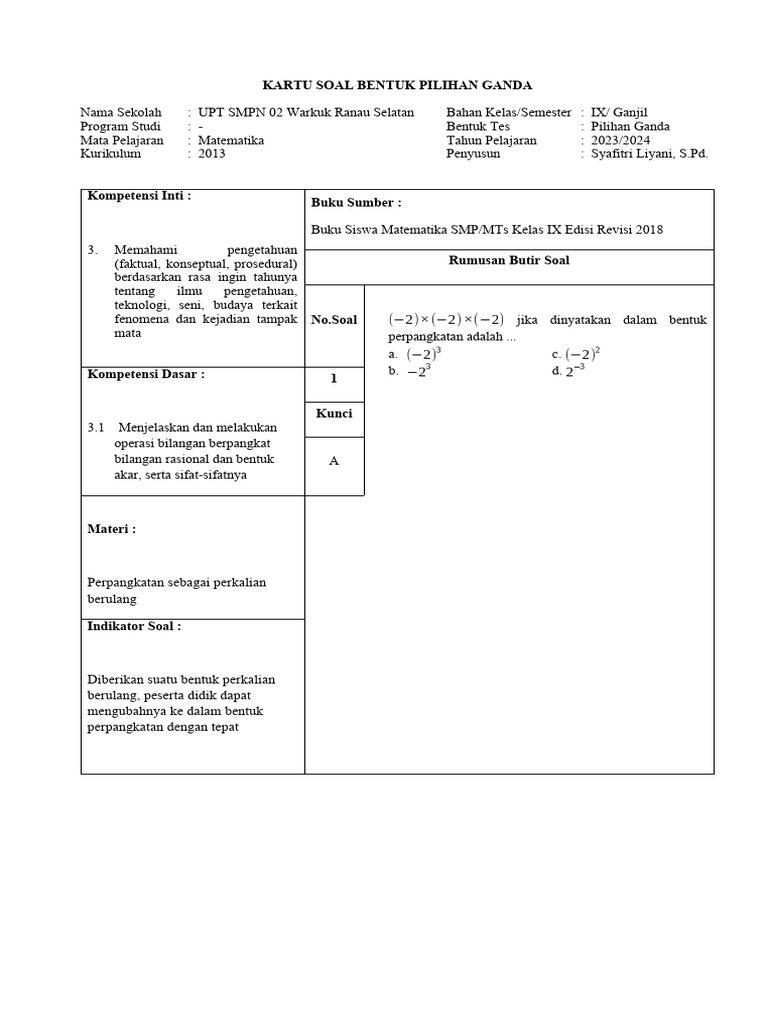 2 - Math - Kartu Soal - 9 - Ganjil - 2324 | PDF