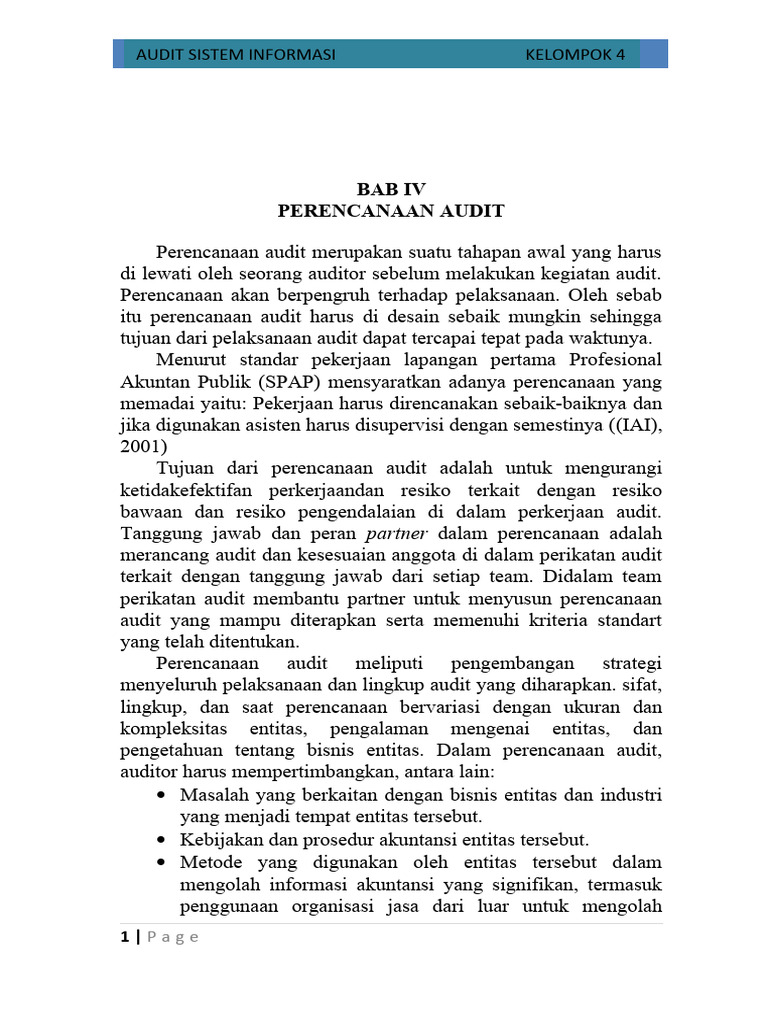 Bab Iv Perencanaan Audit | PDF | Pengelolaan Keuangan & Uang