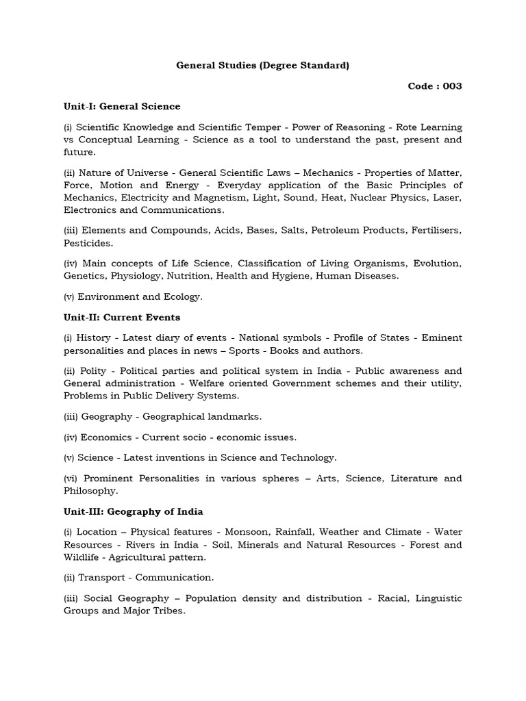 General Studies Syllabus | PDF | Science | Indian Independence Movement