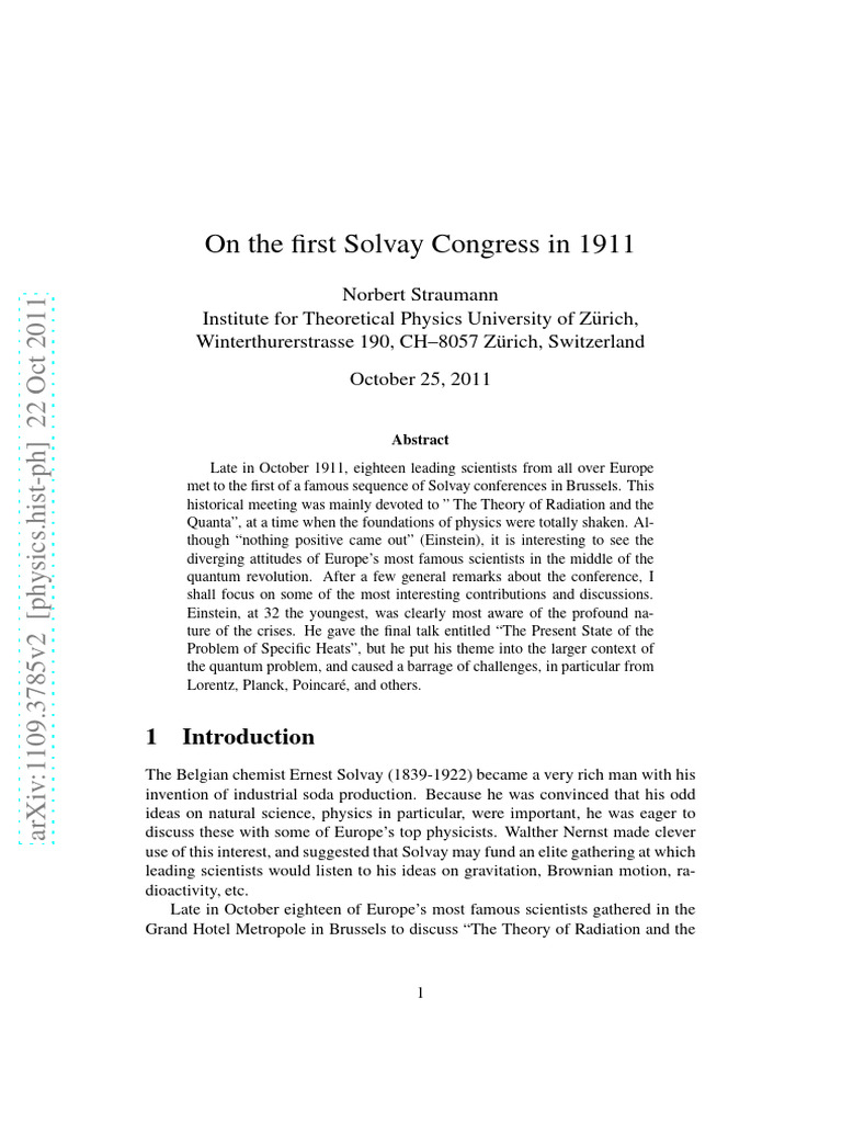 On The First Solvay Congress in 1911 | PDF | Electromagnetic Radiation ...