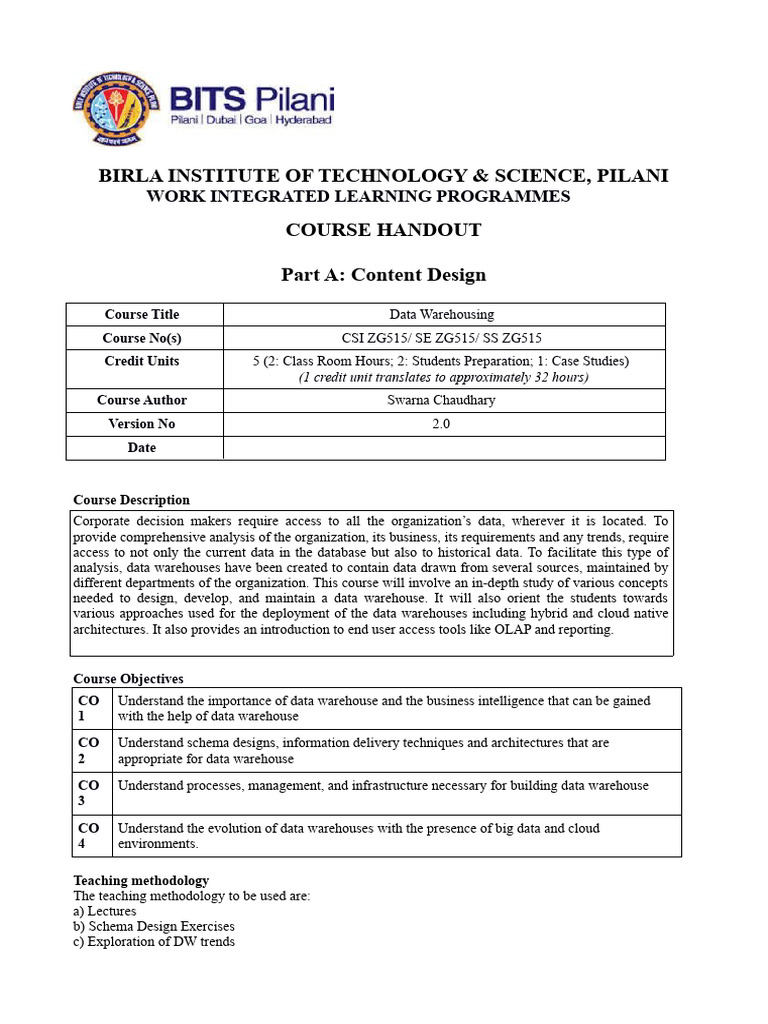 Csi ZG515 Course Handout-Dwh | PDF | Data Warehouse | Information Retrieval