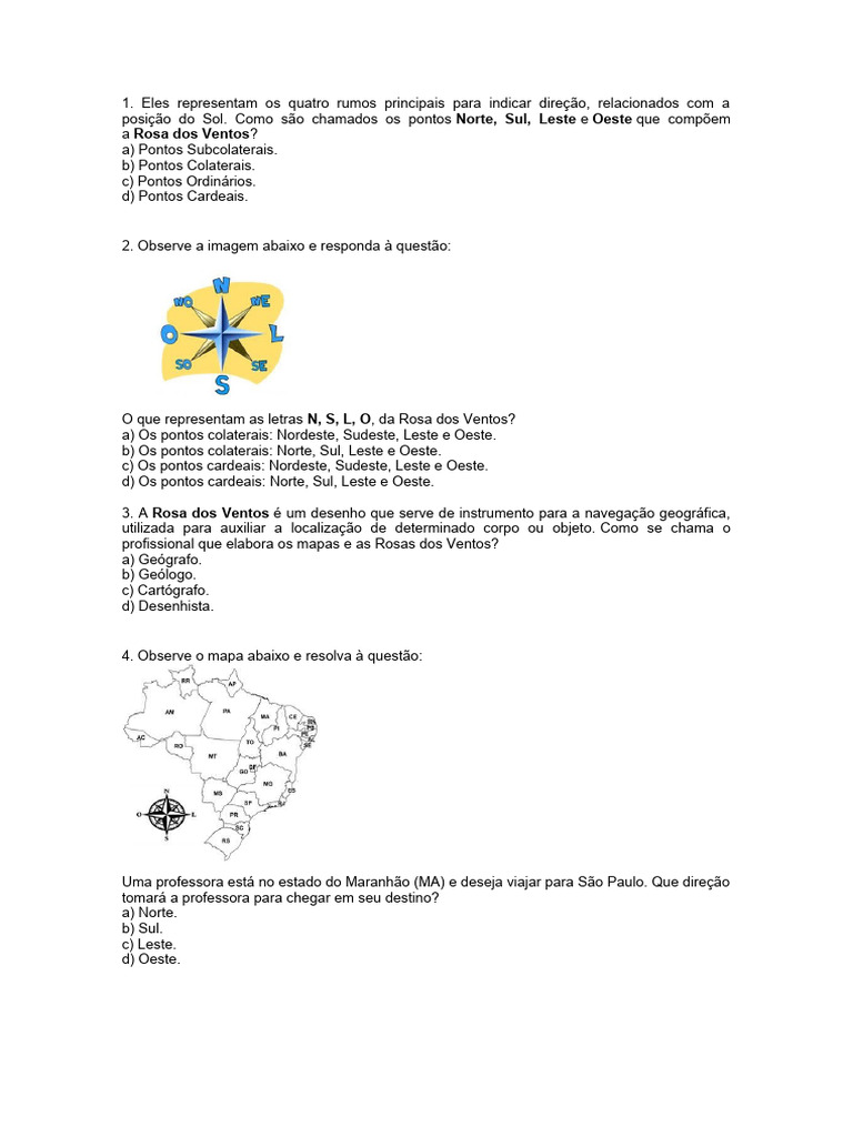 Tarefa Pontos Cardeais Com Gabarito | PDF | Geografia | Navegação