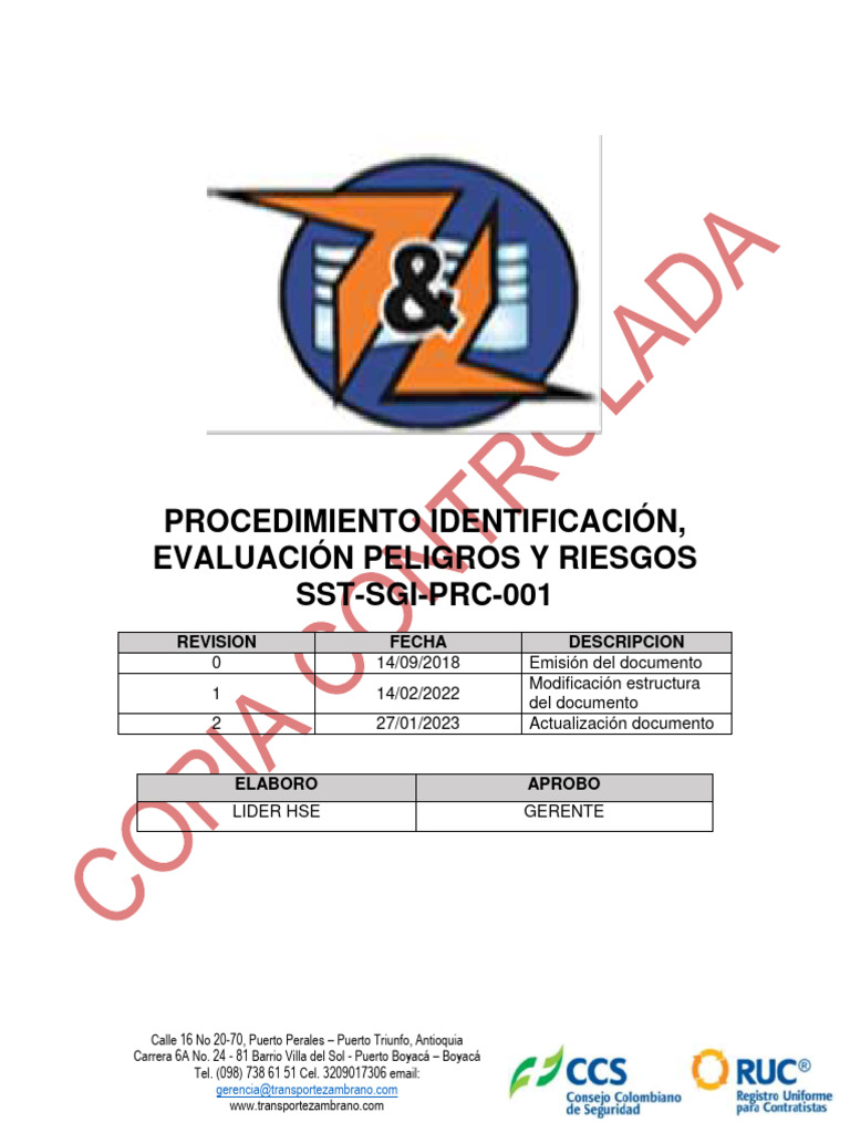 Sst-Sgi-Prc-001 Procedimiento Identificación Evaluación Peligros y Riesgos | PDF | Radiación | ruido