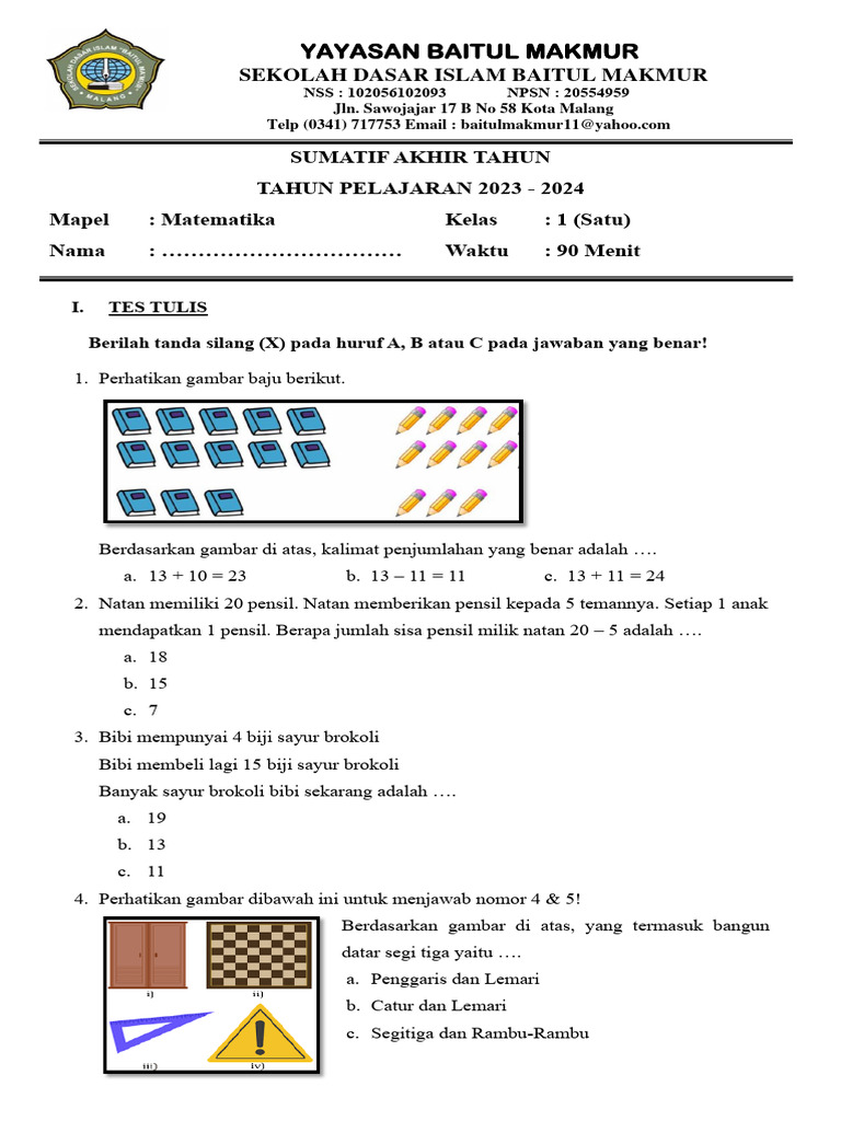 Soal Sat Matematika Kelas 1 (21!05!2024) | PDF
