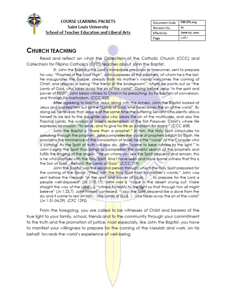 CFE 101 - Module 3, Lesson 2 - Church Teaching | PDF | John The Baptist | Jesus