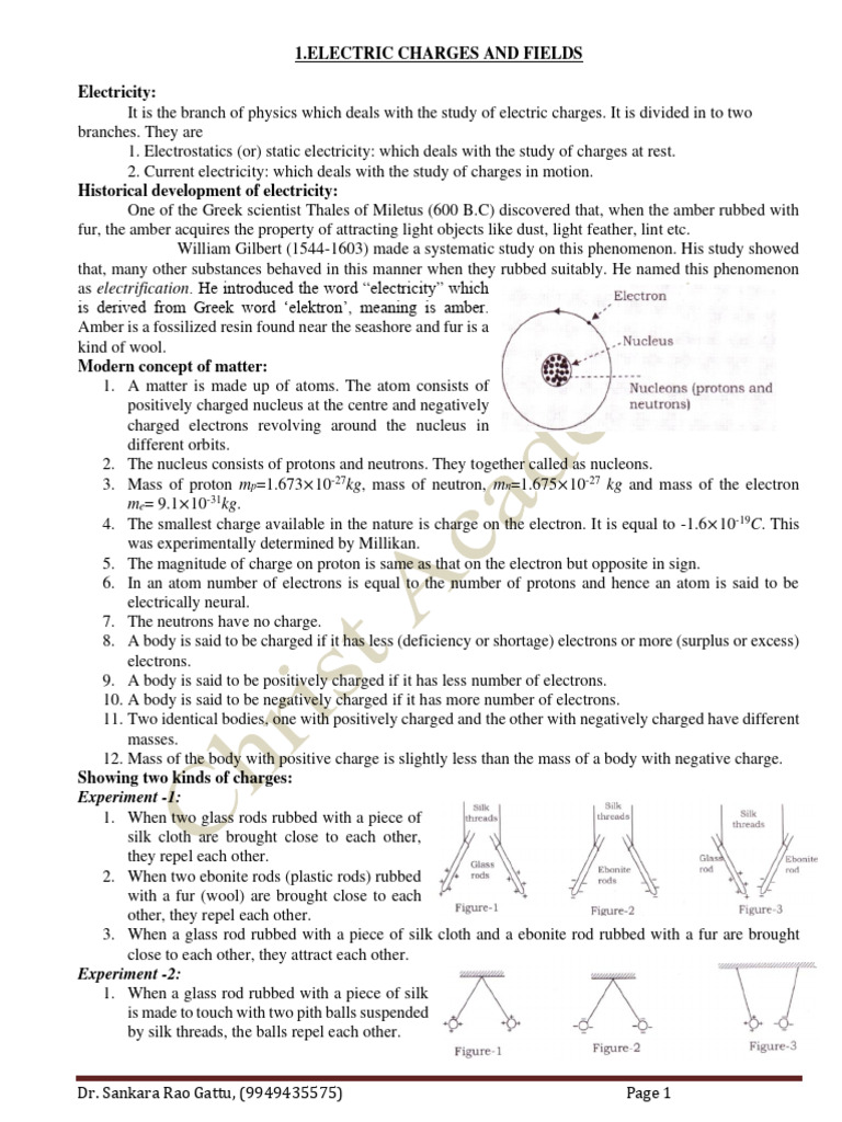 1.electric Charges and Fields | PDF | Electric Charge | Electron