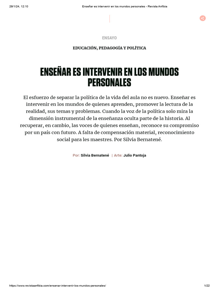 Enseñar es intervenir en los mundos personales - Revista Anfibia | PDF ...