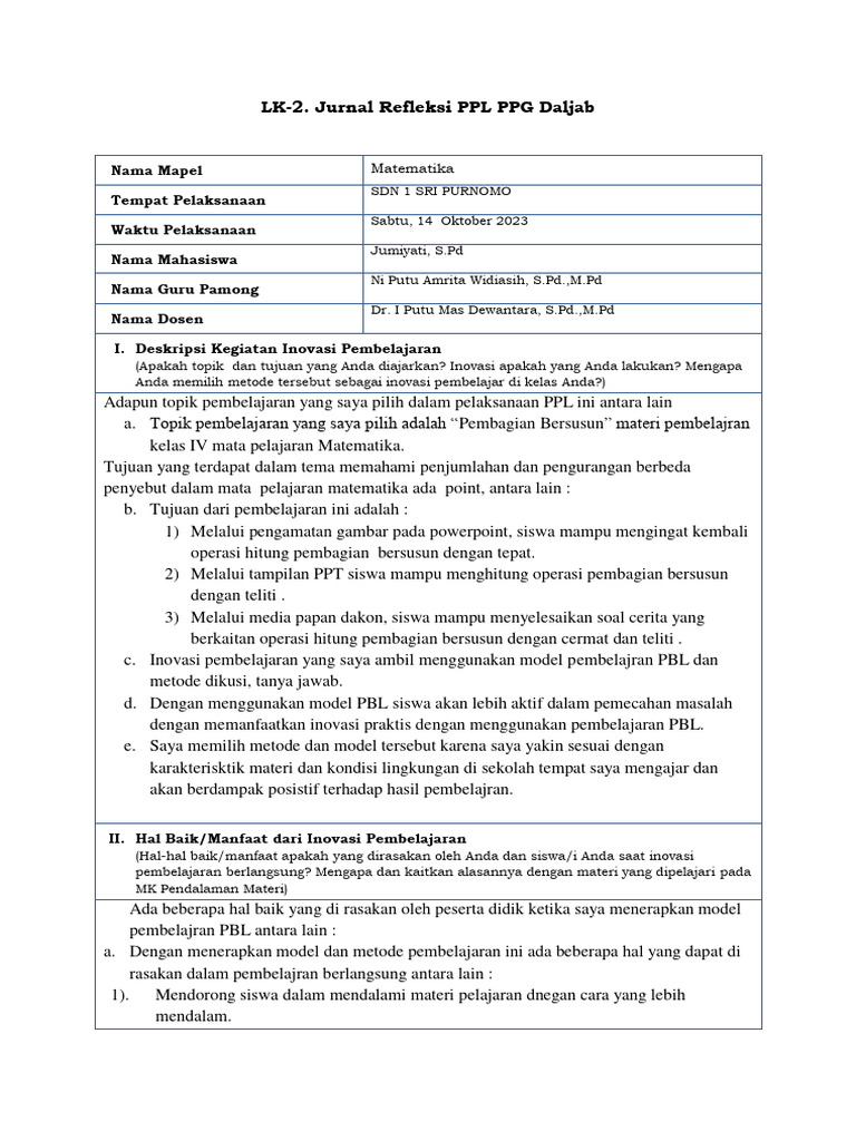 PRODUK BAHAN REFLEKSII (JUMIYATI, S.PD) | PDF | Komputer