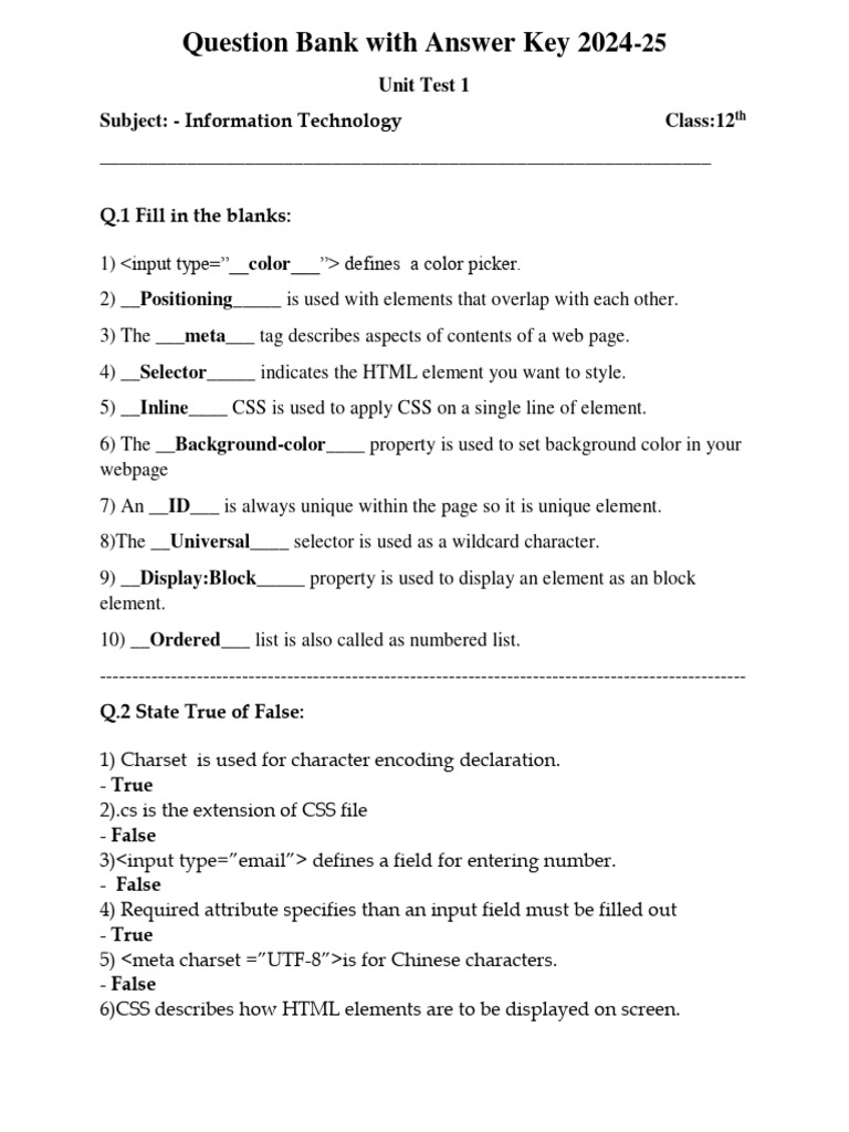 12th Information Technology Unit Test 1 2024 25 Question Bank With ...