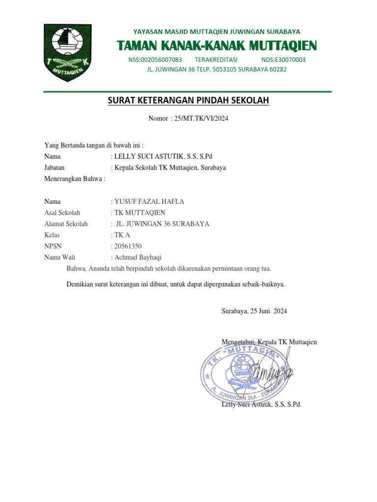 Surat Pindah Yusuf DG Kop Surat TK | PDF
