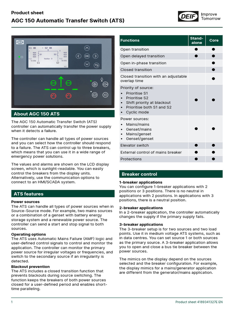 Agc 150 Ats Product Sheet 4189341327 Uk | PDF | Mains Electricity ...