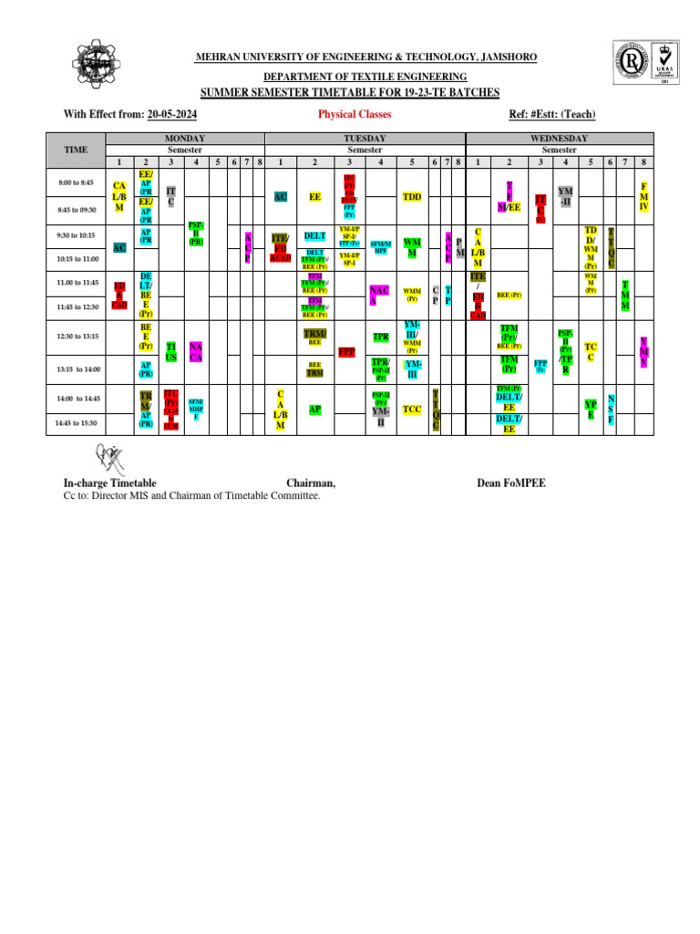 Summer Semester Timetable 2024 - Textile Engineering | PDF | Textiles ...
