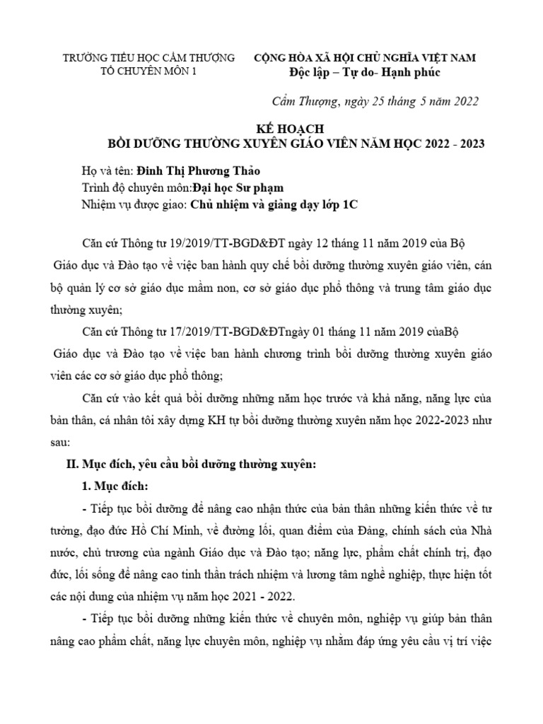 Kế Hoạch Bdtx Cá Nhân | PDF