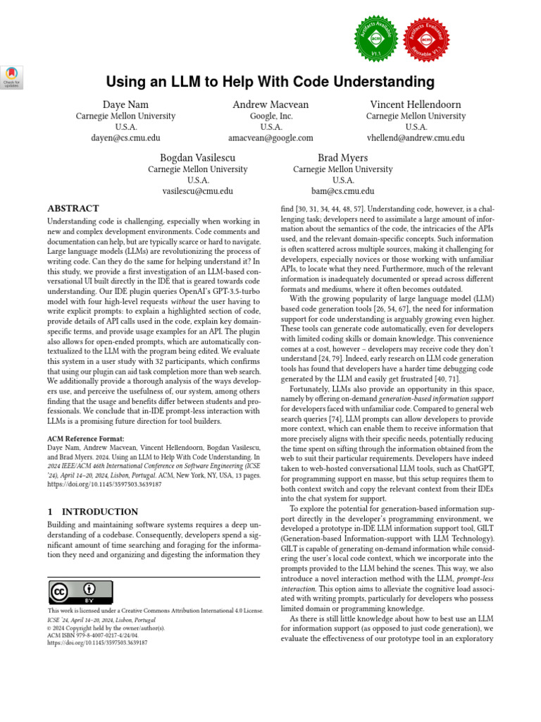Using An LLM To Help With Code Understanding: Daye Nam Andrew Macvean Vincent Hellendoorn | PDF ...