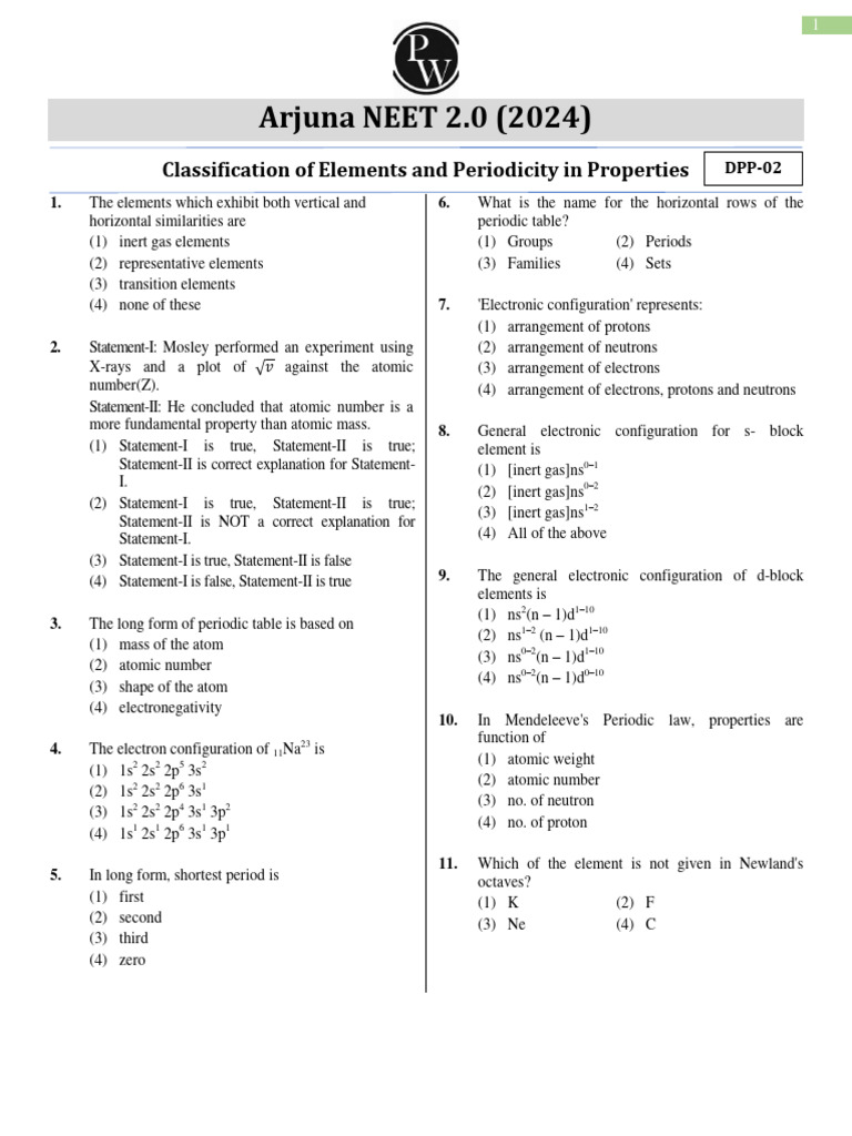 Classification of Elements and Periodicity in Properties - DPP 02 - Arjuna NEET 2.0 2024 | PDF ...