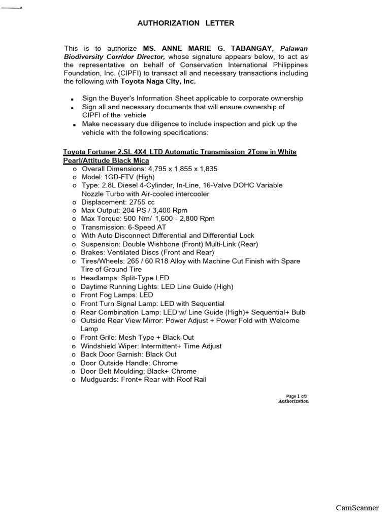 Authorization Letter - Toyota Fortuner | PDF | Motor Vehicle | Car Body ...