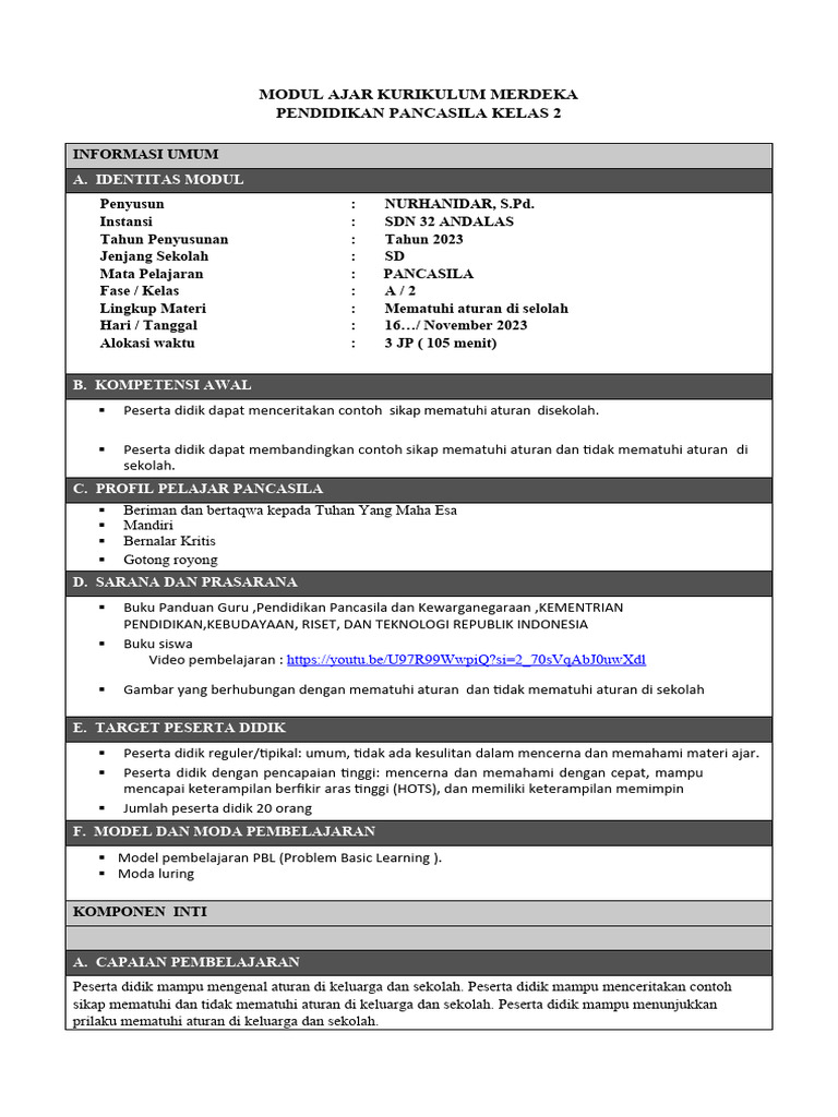 Modul Ajar Pancasila Kelas 2 SD | PDF