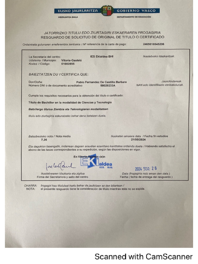 Resguardo Título Bachiller Pablo Fernández de Castillo | PDF