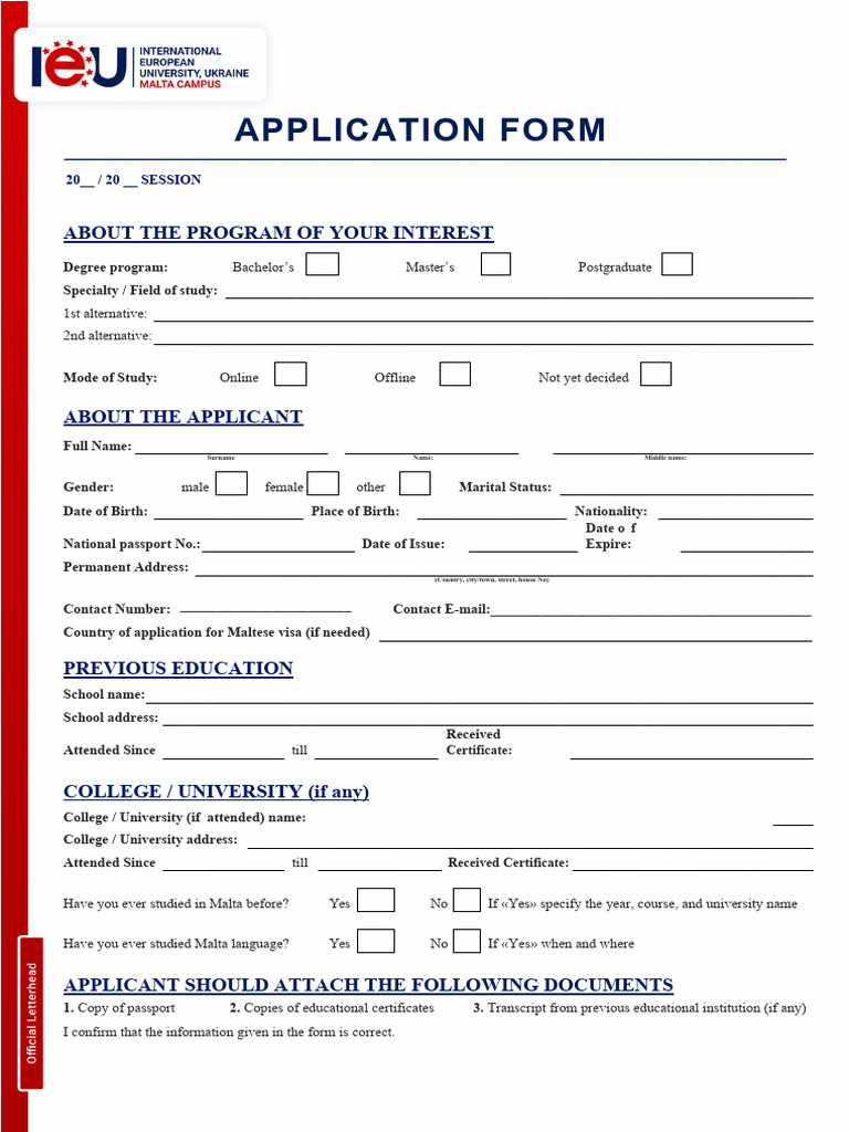 IEU Application Form Malta | PDF