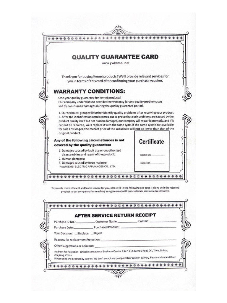 Quality Guarantee Card | PDF