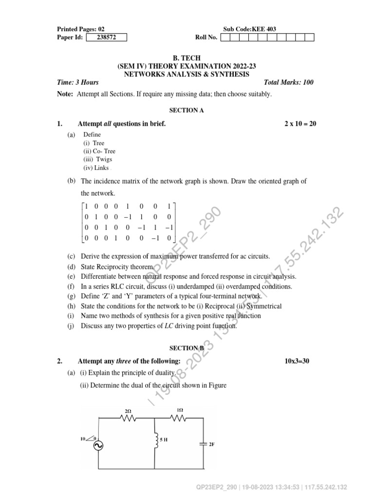 Btech Ee 4 Sem Networks Analysis Synthesis Kee 403 2023 | PDF | Electrical Network | Electrical ...