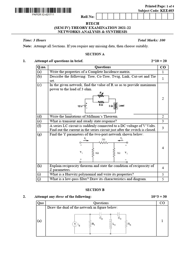 Btech Ee 4 Sem Networks Analysis and Synthesis Kee403 2022 | PDF | Network Analysis (Electrical ...