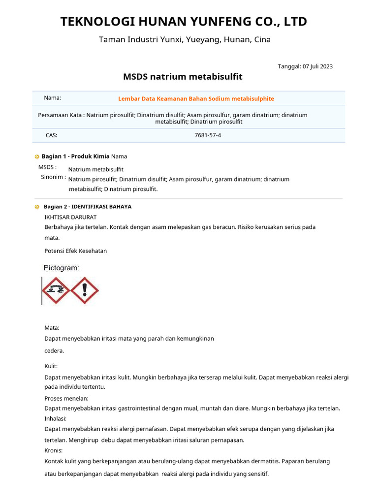 MSDS Sodium Metabisulfite - En.id | PDF | Sains & Matematika