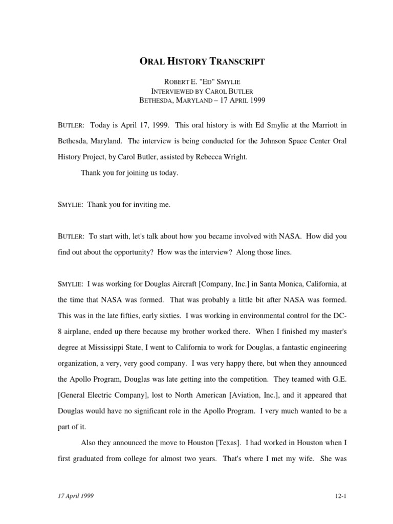 Smylie Interview Transcript | PDF | Apollo Program | Extravehicular Activity