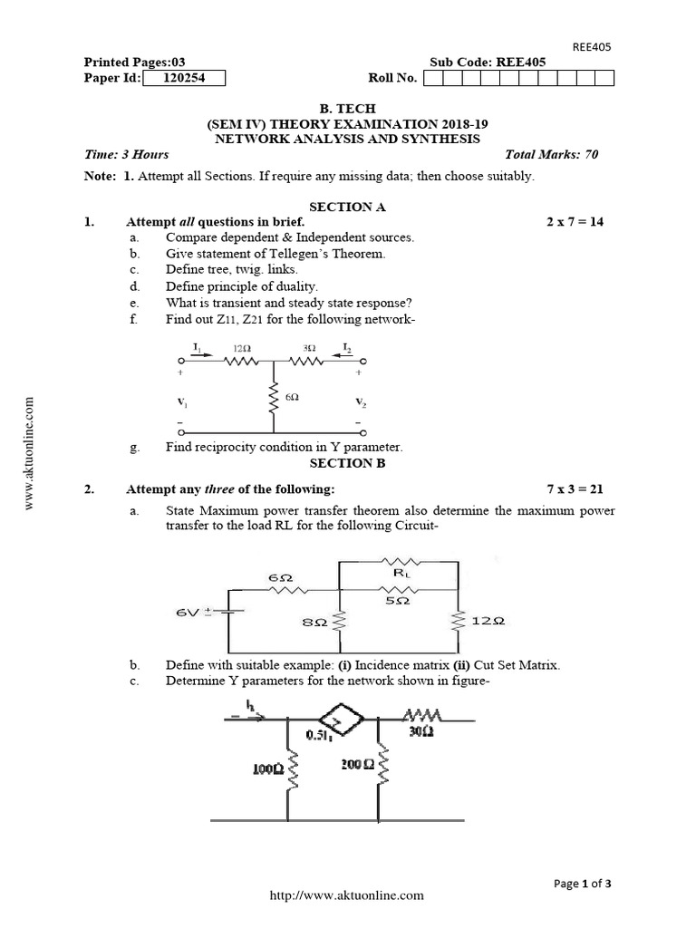 Btech Ee 4 Sem Network Analysis and Synthesis Ree405 2019 | PDF | Network Analysis (Electrical ...
