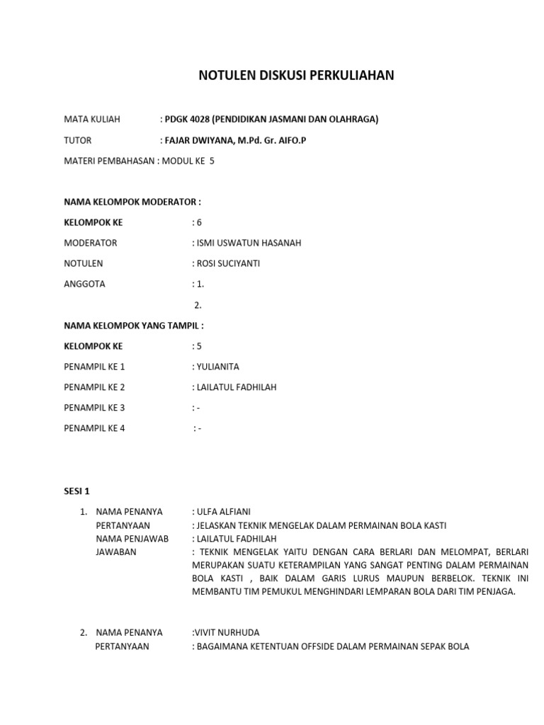Format - Notulen - Diskusi - Perkuliahan - Pjok - Kelompok 5 - Modul 5 ...