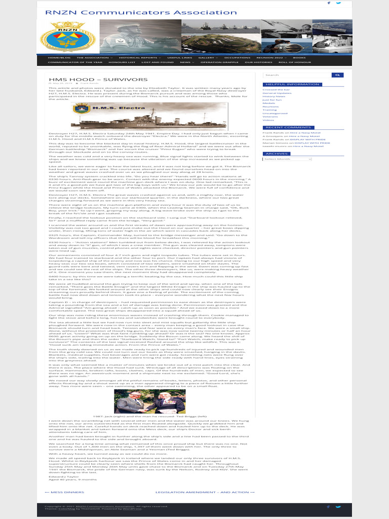 HMS HOOD - SURVIVORS Rescue by HMS Elektra - Jack Taylor Account | PDF ...